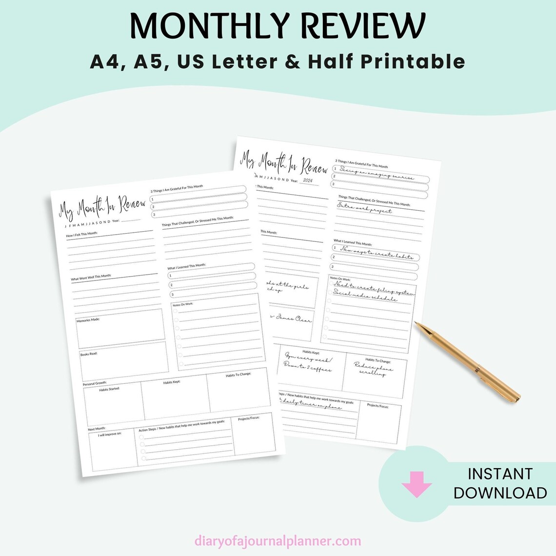 Monthly Review Planner, Monthly Review Printable, Printable Planner ...