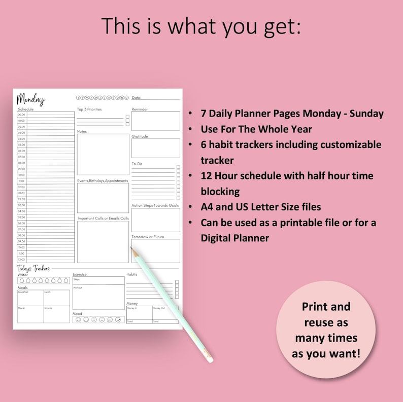 Ultimate Daily Planner Printable, Day Planner, Daily Schedule, 12-hour ...
