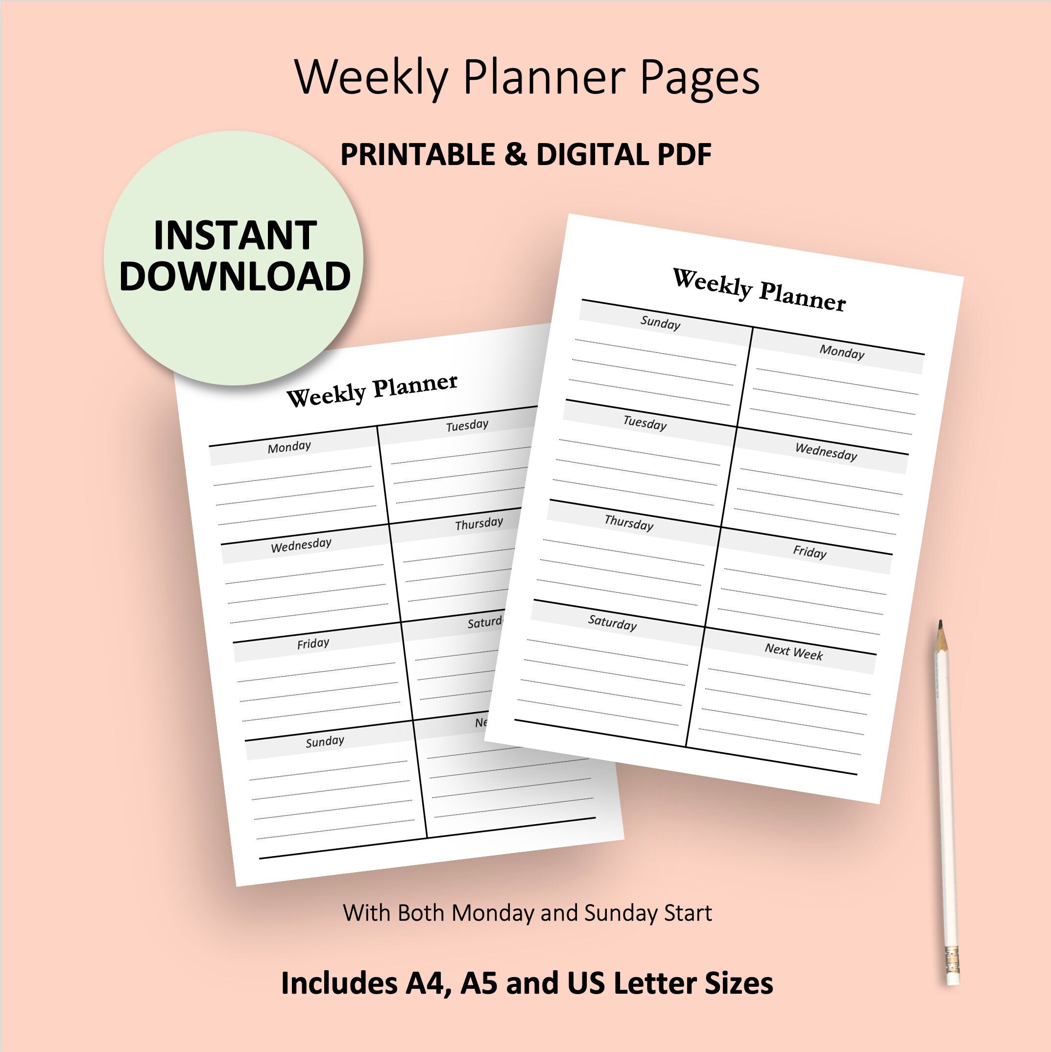 Simple Weekly Planner, Simple Planner Insert, Weekly Planner PDF ...