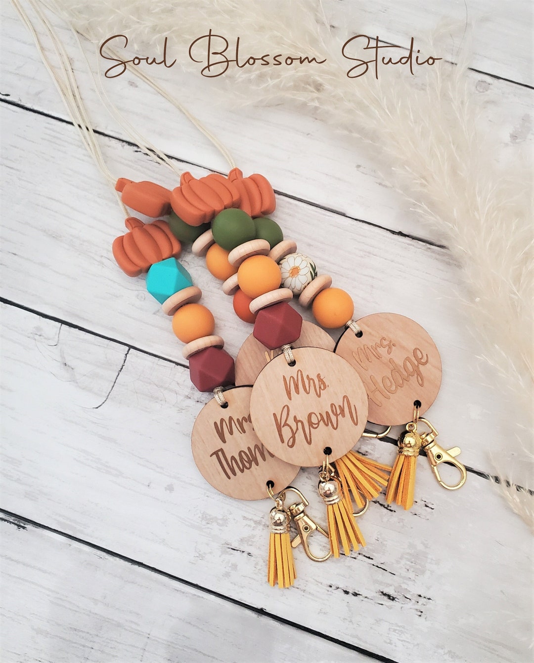Fall Pumpkin Lanyard With Name, Beaded Personalized Teacher Tassel ...