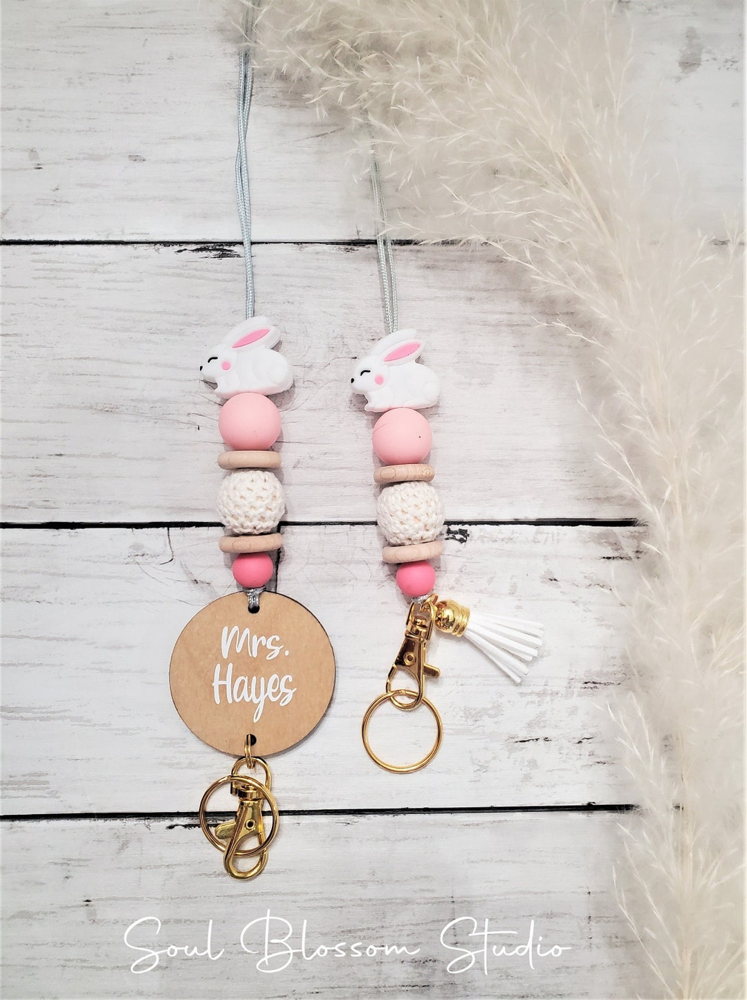 Bunny Easter Spring Lanyard With Name, Beaded Personalized Teacher ...