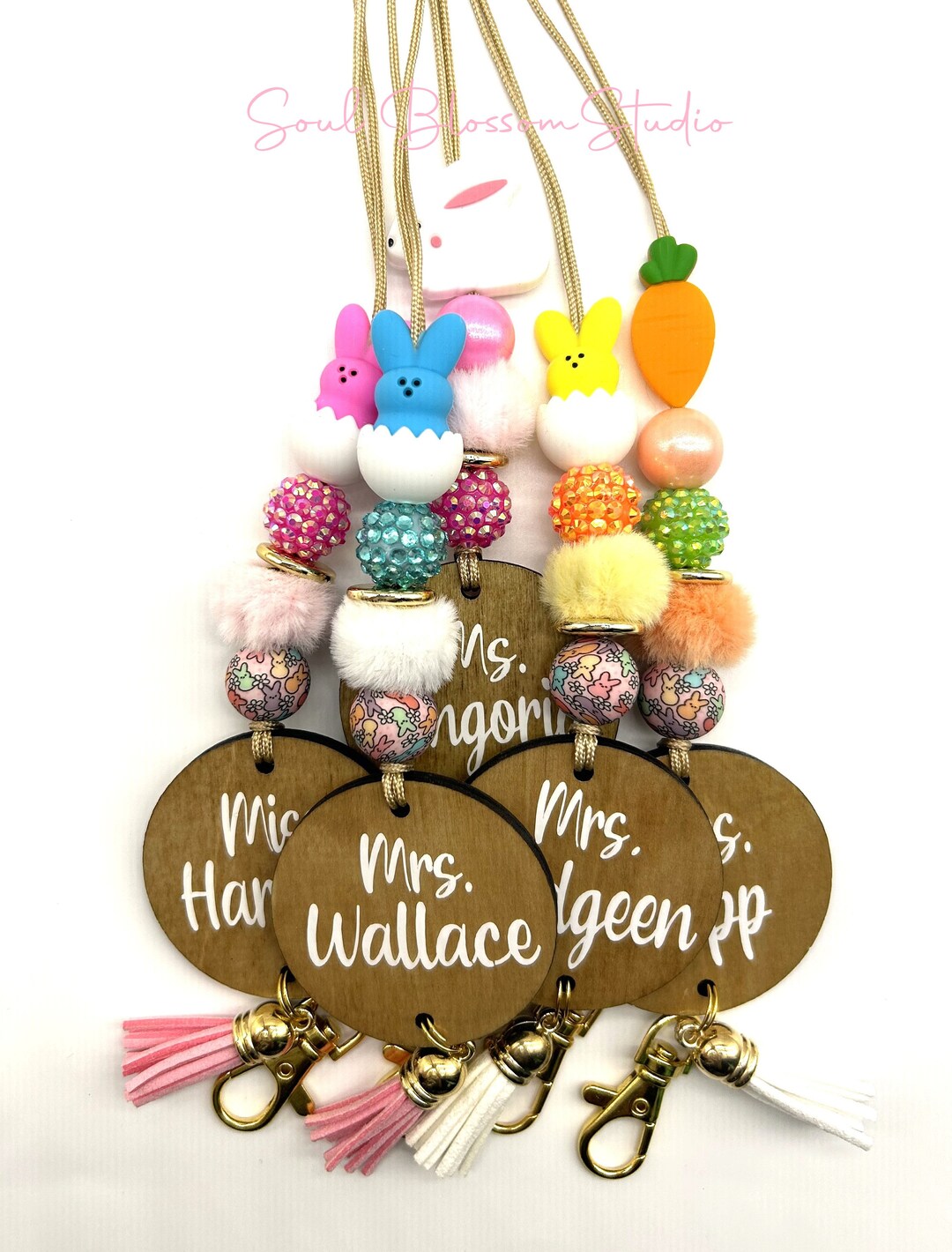 Peeps Bunny Teacher Lanyard, Happy Bunny Carrot Rainbow Daisy Beaded ...