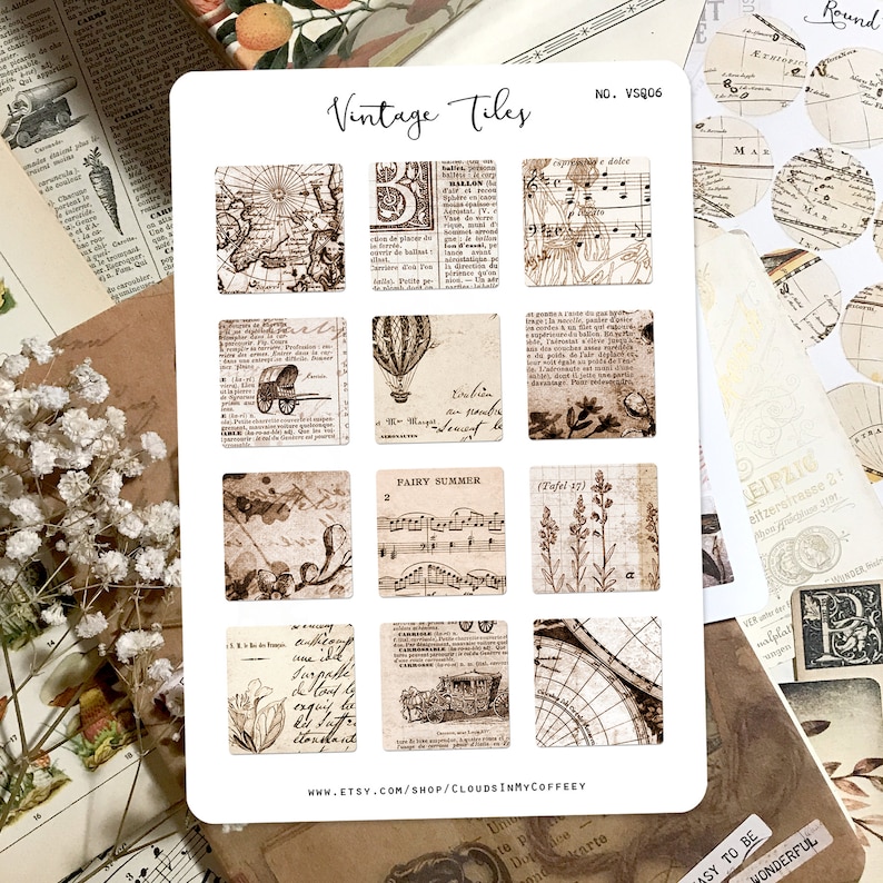 Vintage Tiles - Monochrome Square Stickers Planner Stickers Ephemera ...