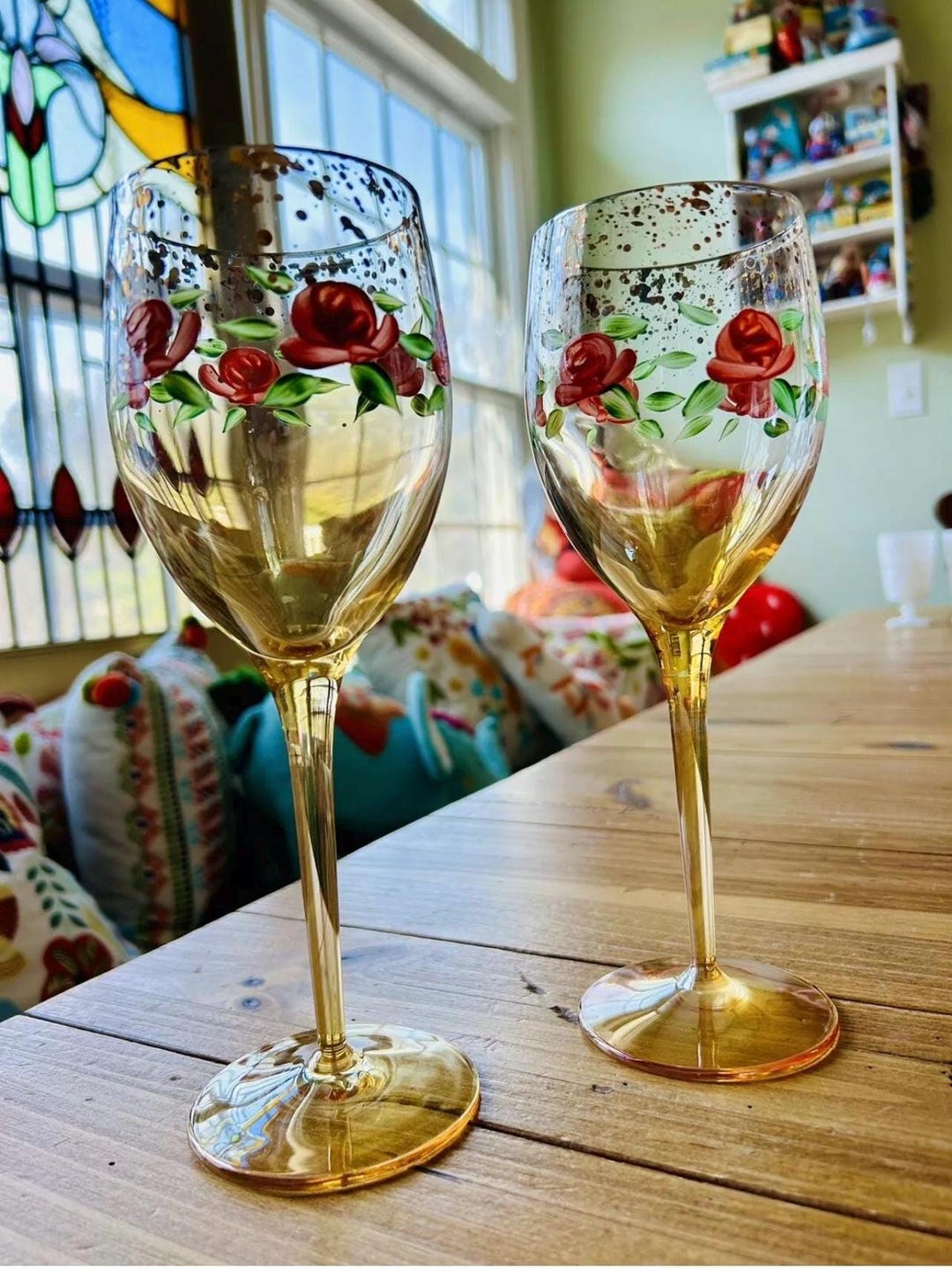 NEIMAN MARCUS 24K Gold Amber Floral Glassware Goblets Hand Painted Made ...