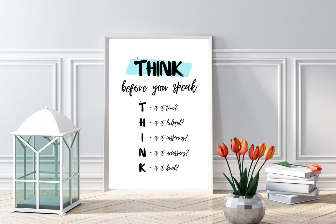 Think Before You Speak Poster Print, Aqua Brush Stroke Handwriting Font ...