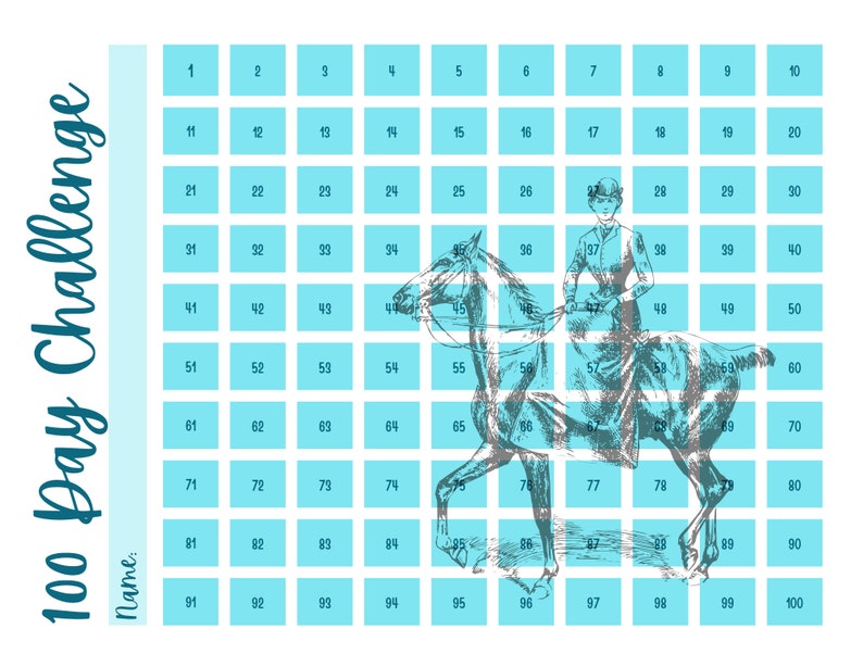 100 Day Horses Challenge Chart | Aqua Blue Goal Setting | Habit Tracker ...