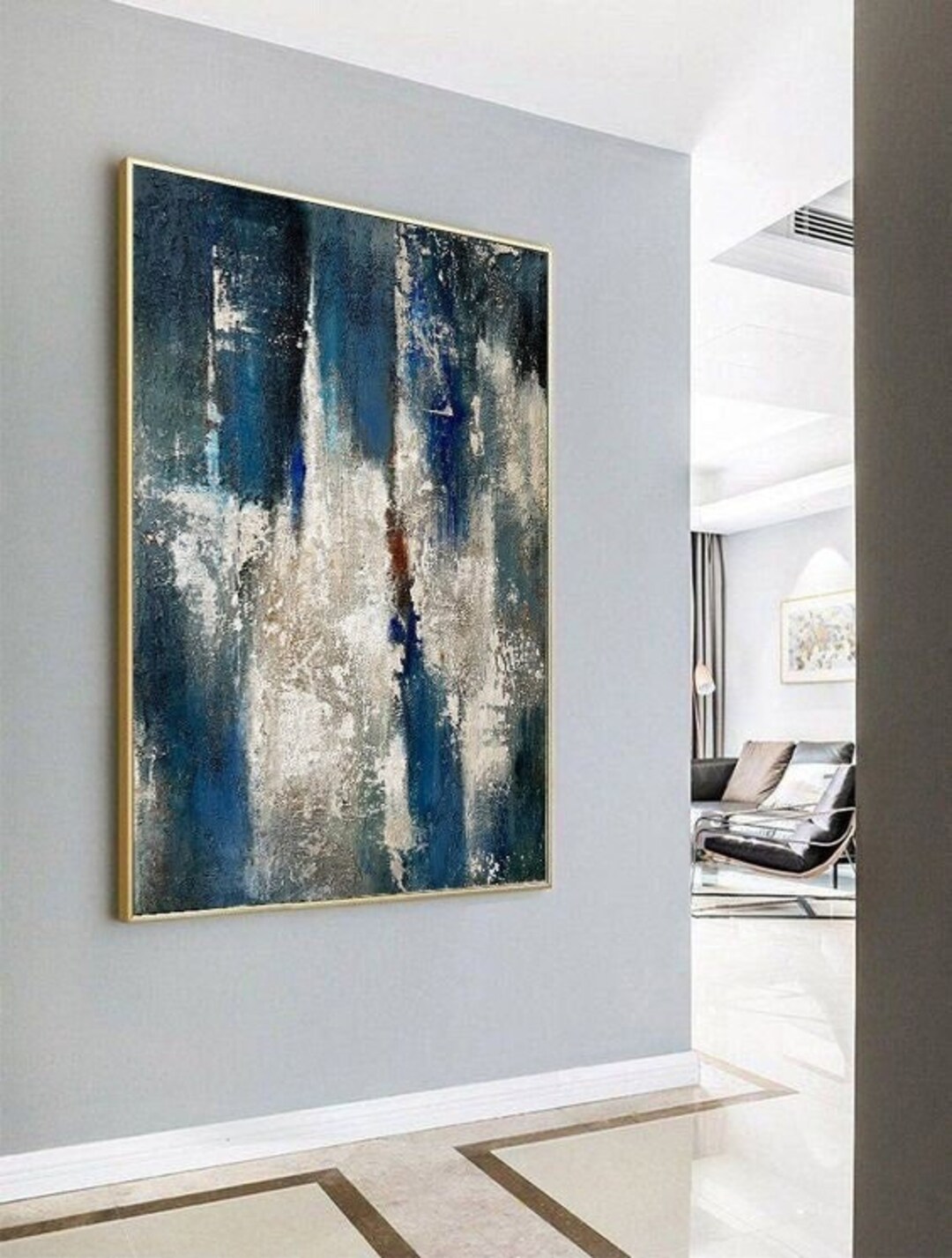 Large Wall Art Blue Rich Texture Painting Oversize Abstract Art Canvas ...