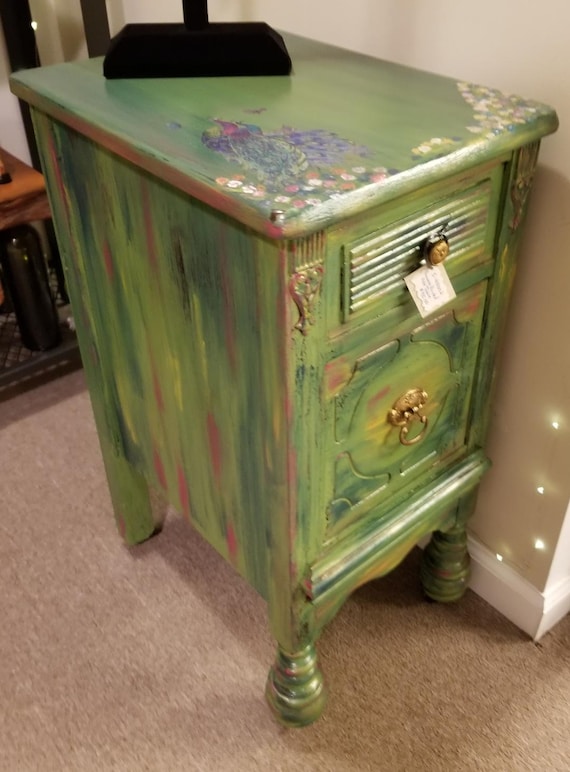 Furniture SOLD Firefly Upcycled Peacock Painted Side Table Vintage ...