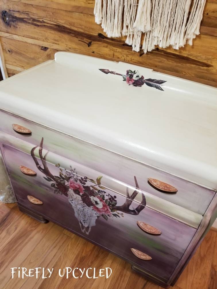 SOLD Painted Vintage Furniture, Longhorn Skull Western Dresser Chest of ...