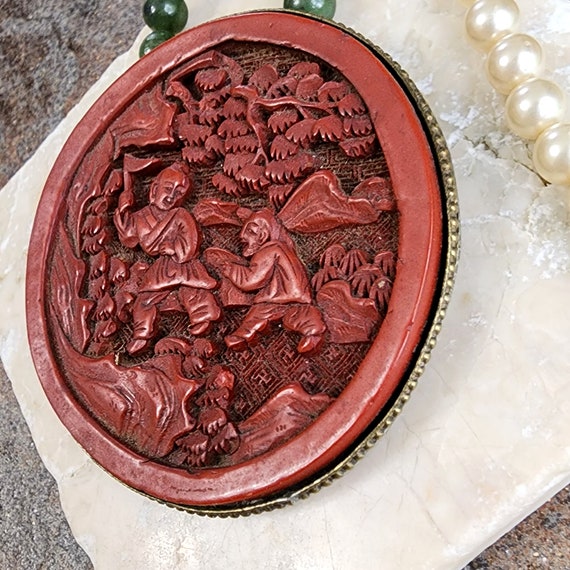 Vintage Antique Cinnabar Pendant Medallion Necklace, … - Gem