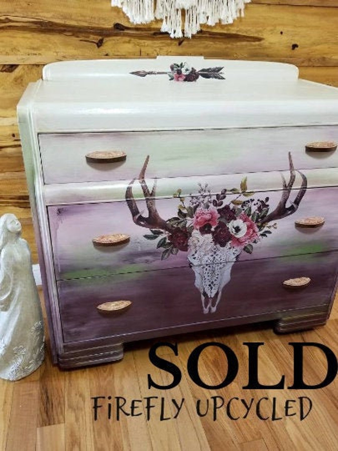 SOLD Painted Vintage Furniture, Longhorn Skull Western Dresser Chest of ...