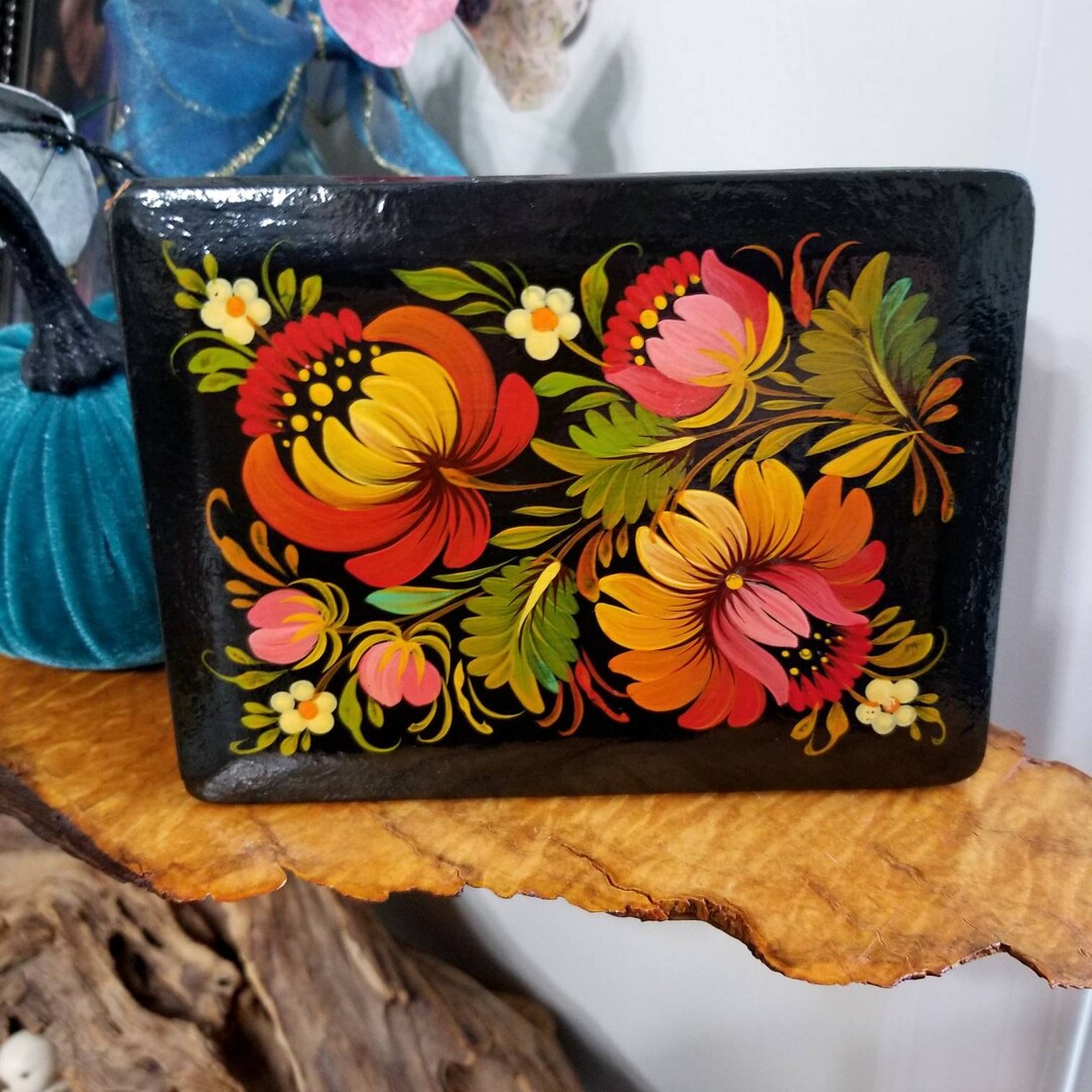 Vintage Toleware Laquered Box, Floral Painted Box, Toleware Collectable ...