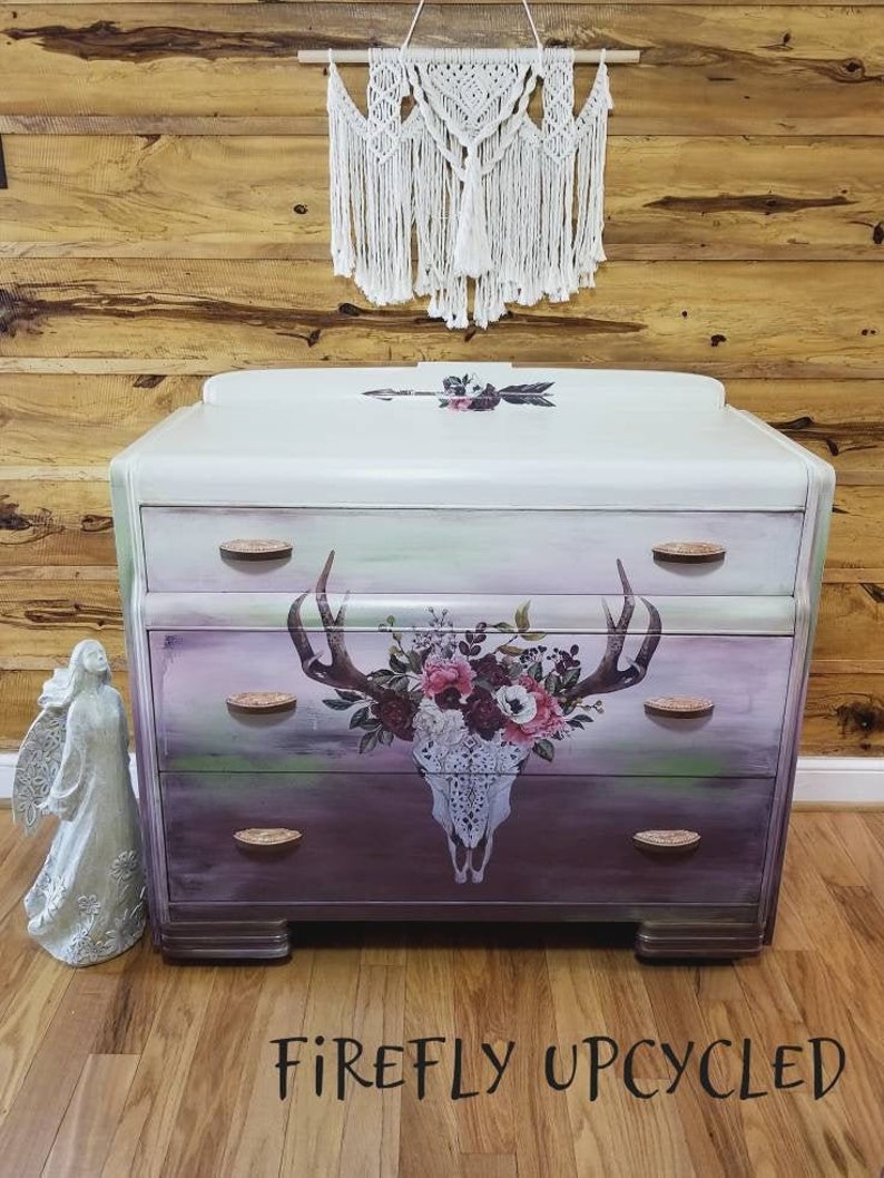 SOLD Painted Vintage Furniture, Longhorn Skull Western Dresser Chest of ...