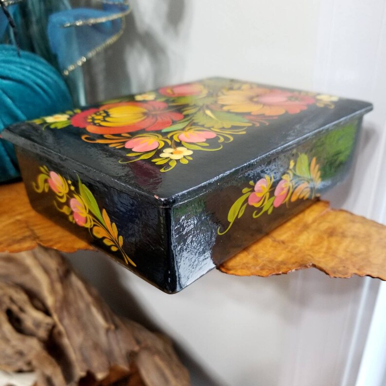 Vintage Toleware Laquered Box, Floral Painted Box, Toleware Collectable ...