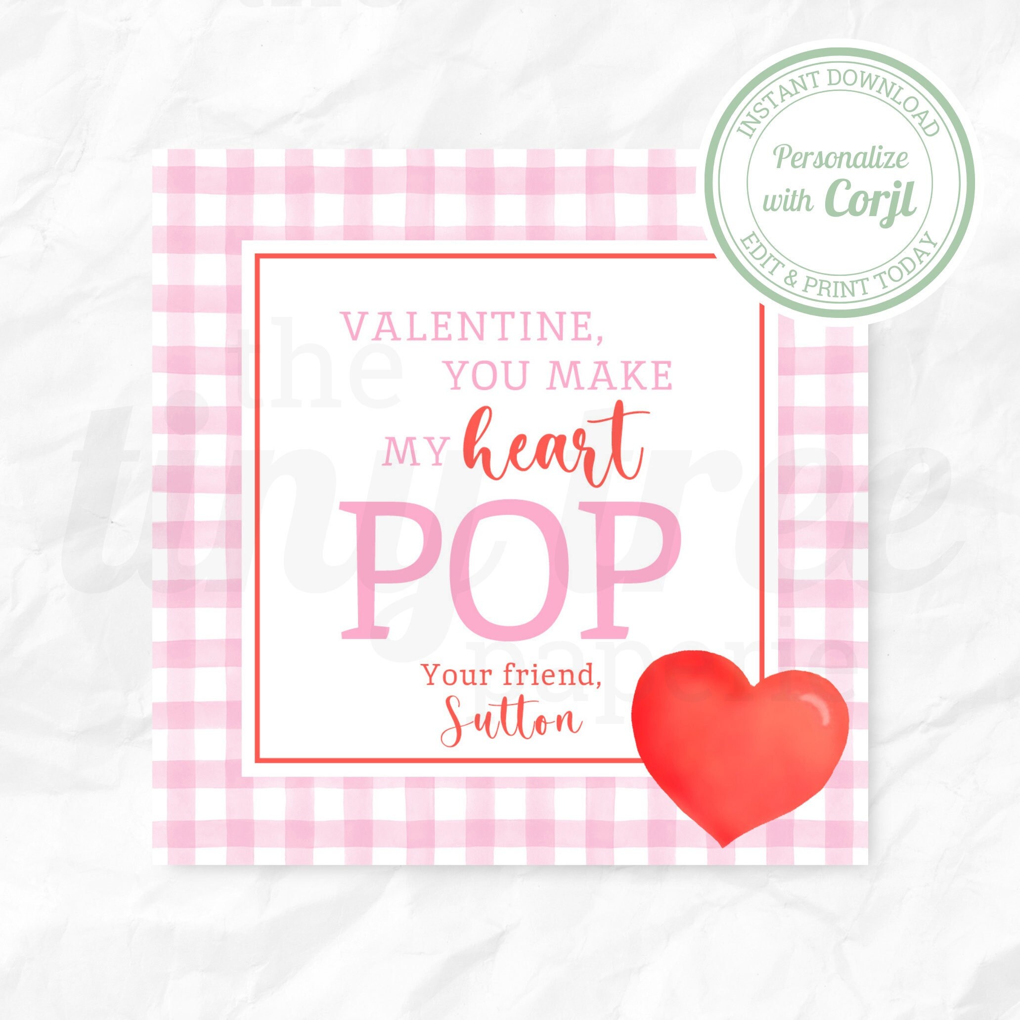 You Make My Heart Pop Digital Valentine's Day Card | Tag | Editable ...