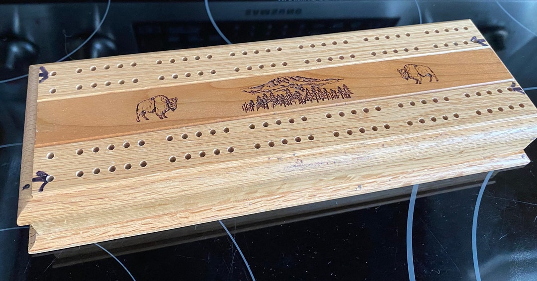 Etched Wood Cribbage Game - Solid Wood Cribbage Board With 2 New Decks of Cards, Buffalo ...