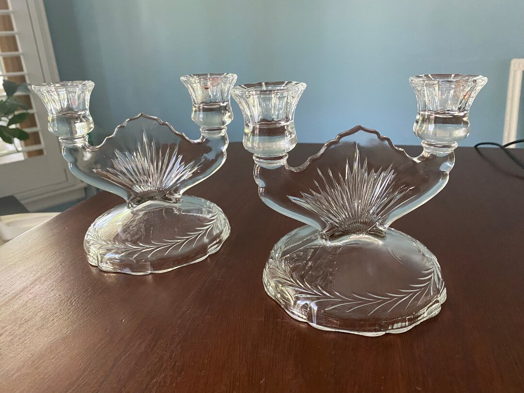 Vintage Starburst Glass Double Candlesticks, Jeanette Glass Starburst ...