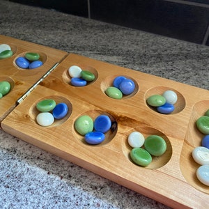 Mancala Game, Mancala Solid Wood Board Game With Glass Playing Pieces ...