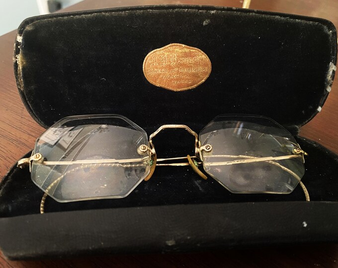 Antique Shuron 12K Gold Filled Hexagon Shape Rimless Wire Eyeglasses W ...