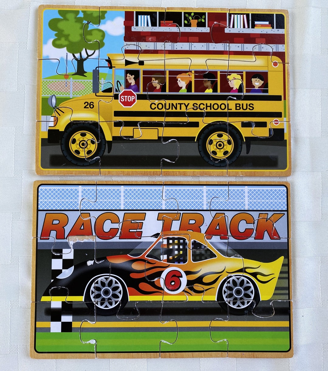 Children's Wood Puzzle Set of Two, School Bus Puzzle, Race Car Puzzle ...