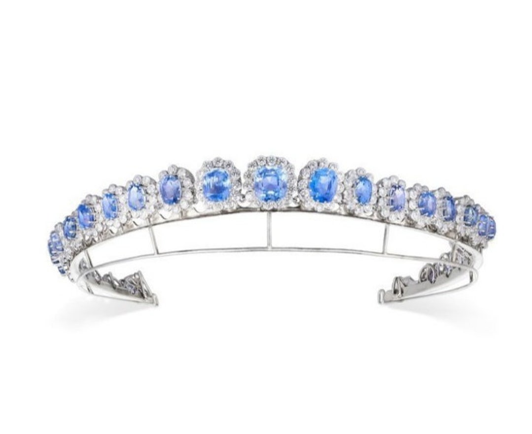 Bridal Blue Sapphire Stone Tiaras CZ Diamond Sterling Silver 925 ...