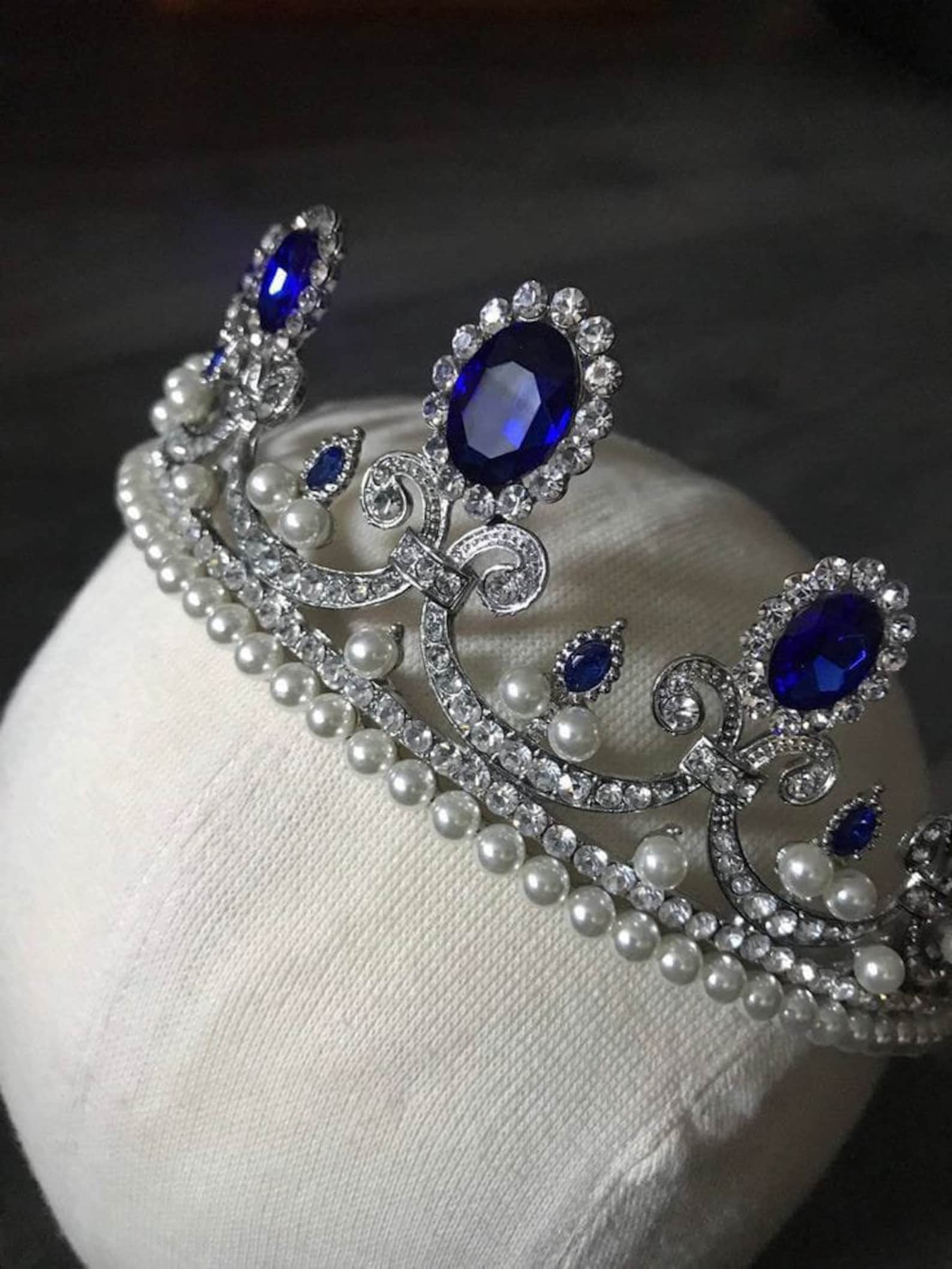 Victorian Blue Sapphire Gemstone Tiaras Cz Diamond Sterling Silver 925 ...