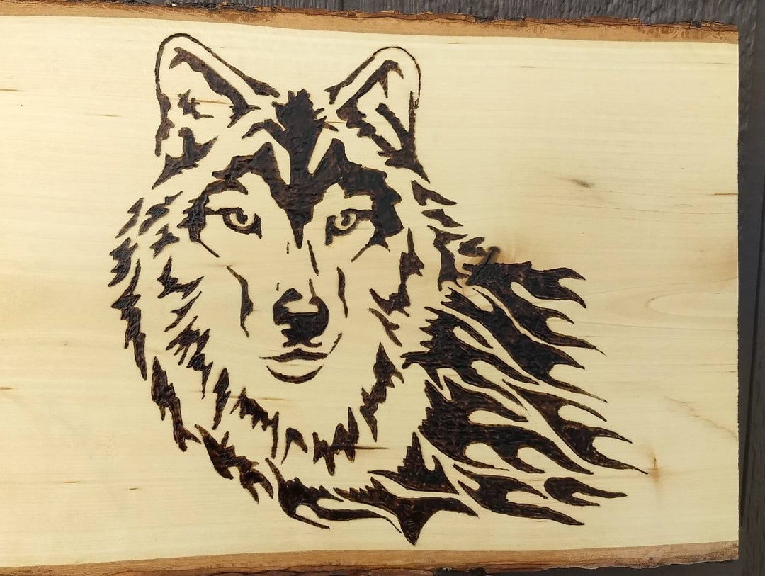 Wood Burned Wolf. Fathers Day, Rustic Art, Exposed Bark, Wood Plaque ...