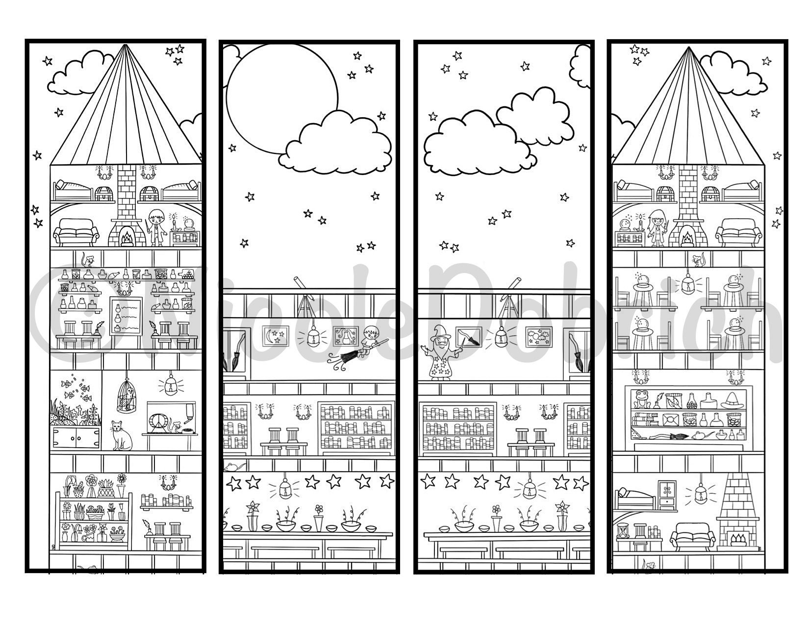 Witch and Wizard School Bookmarks Printable Adult Coloring Page Instant ...