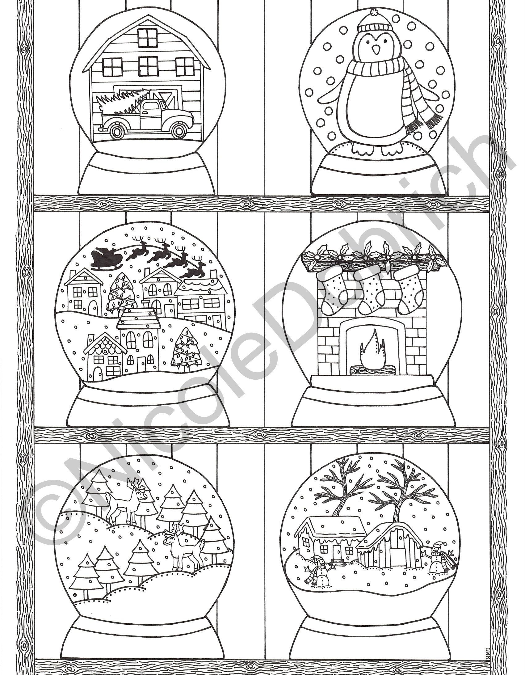 Christmas Snowglobes on Shelf Printable Adult Coloring Page Instant ...