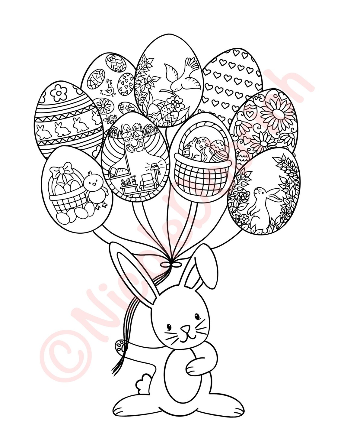 Easter Bunny Holding Balloons - Printable Adult Coloring Page - Instant ...