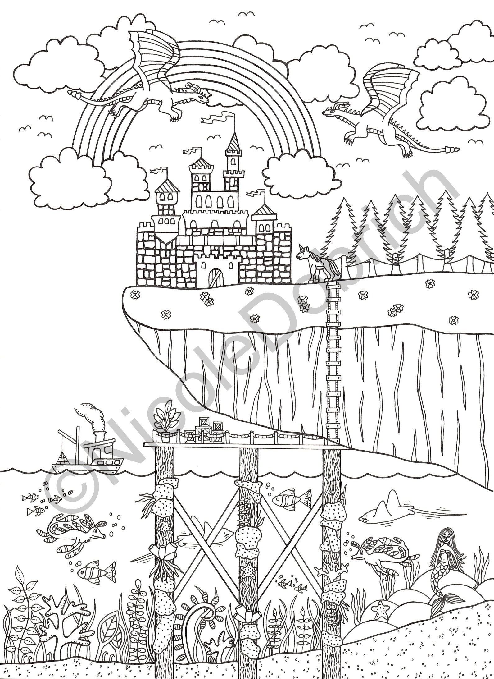 Dragons & Mermaid Coloring Page - Fairytale Castle (digital Download ...