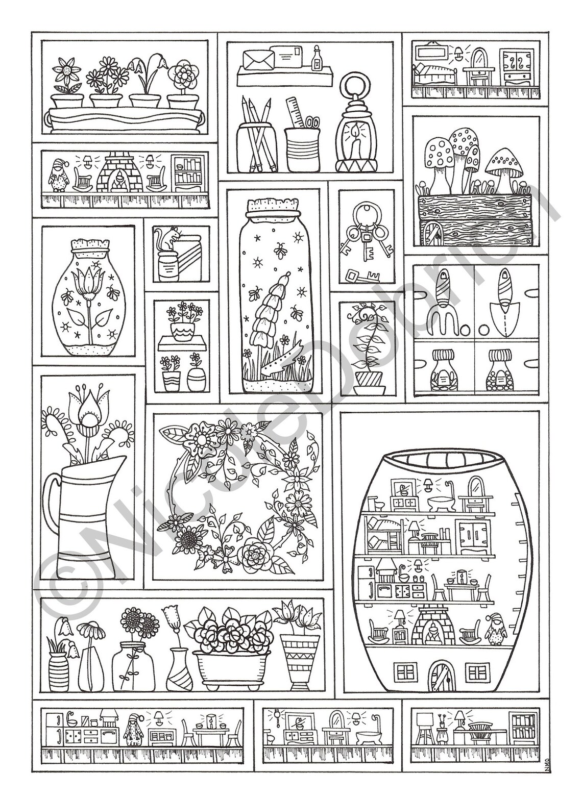 Hidden Gnomes Coloring Page - Shed Interior, Adult & Kids (digital ...
