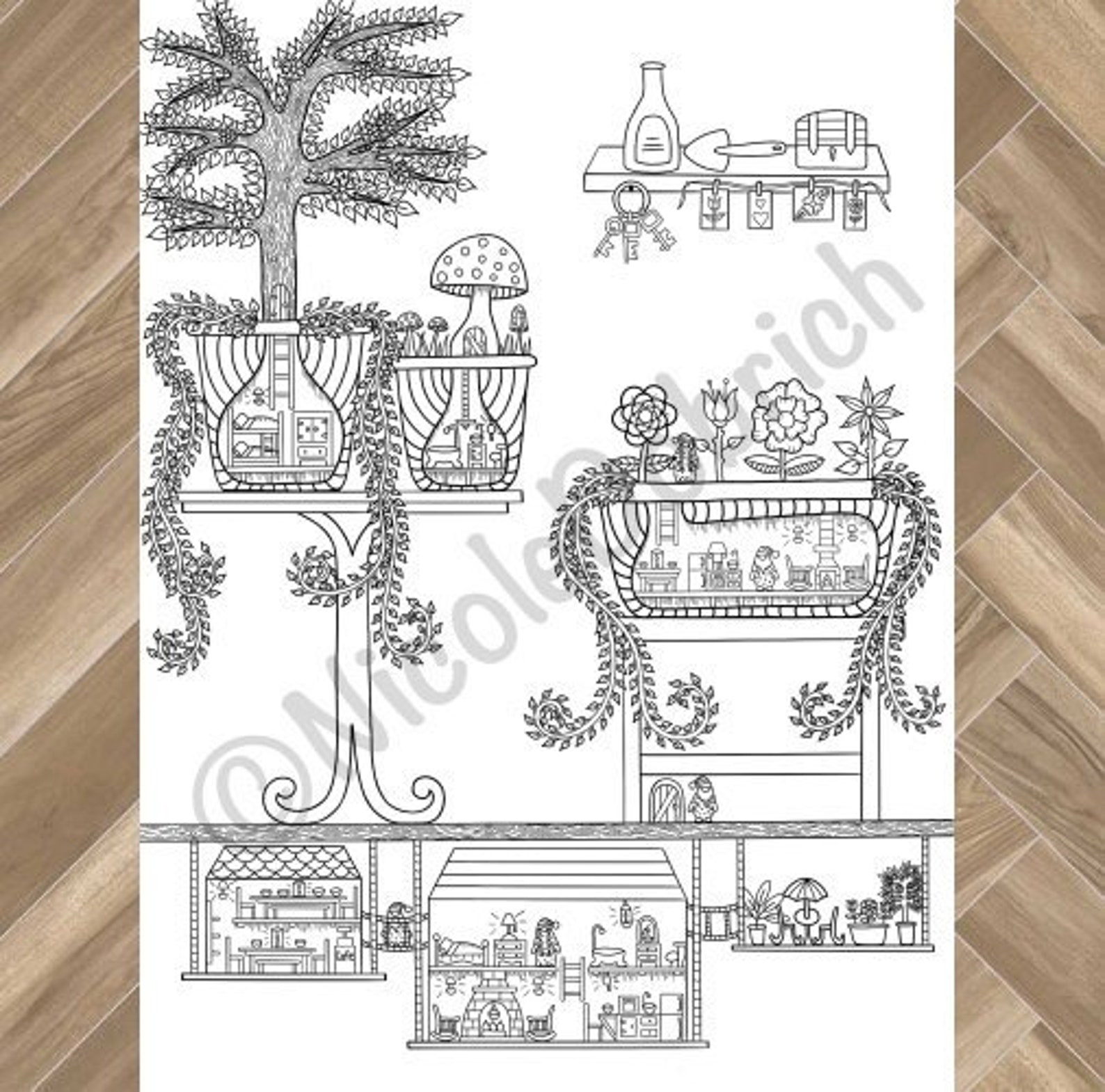 Hidden Gnome Homes Coloring Page – Printable Adult & Kids Activity ...