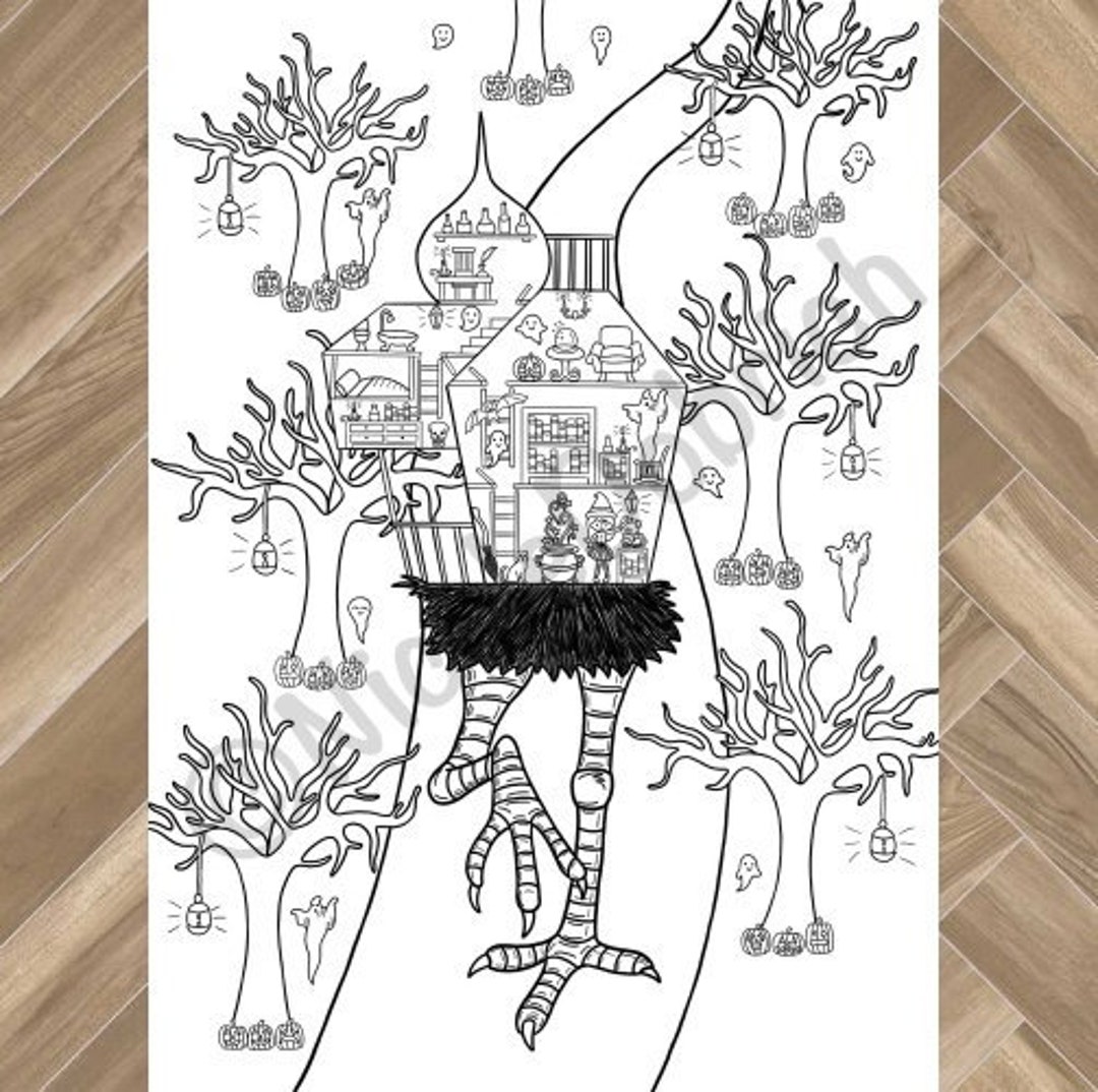 Baba Yaga Halloween Witch House - Printable Adult Coloring Page ...