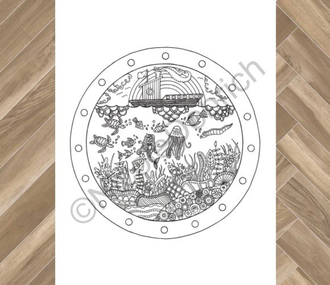 Mermaid and Ocean Porthole - Printable Adult Coloring Page - Instant ...