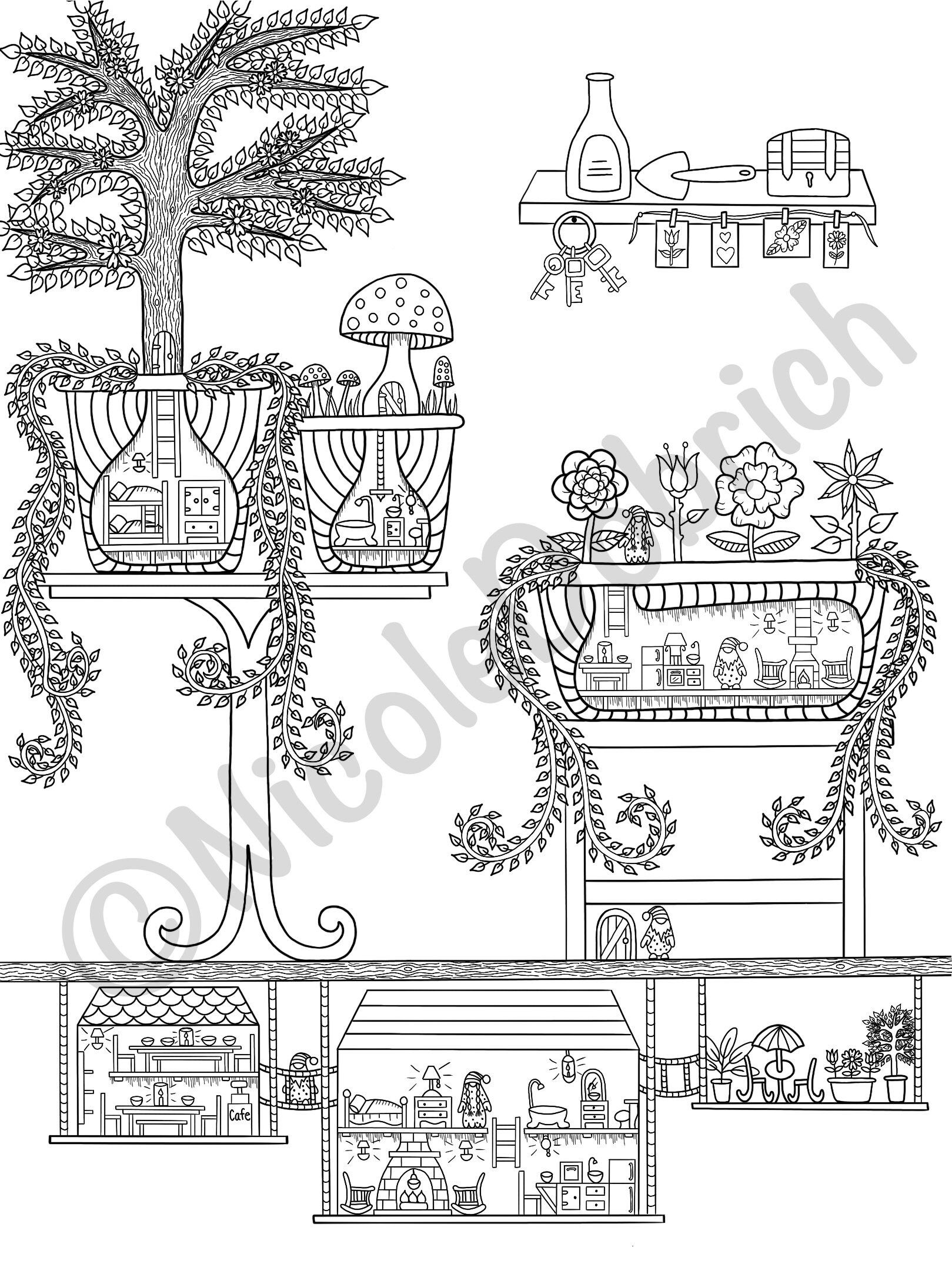 Hidden Gnome Homes Coloring Page – Printable Adult & Kids Activity ...