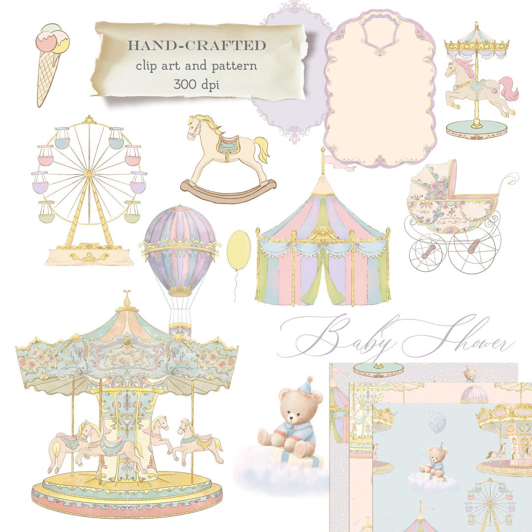 Fairytale Vintage Amusement Park Clipart & Patterns Bundle Baby Shower ...