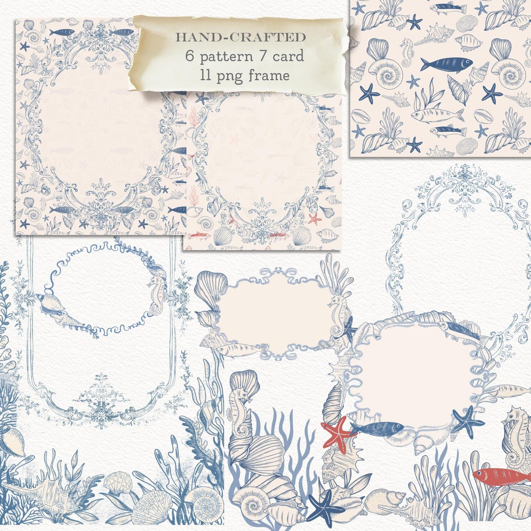 Vintage Blue Toile Ocean Frames and Pattern Set Coastal Invitation ...