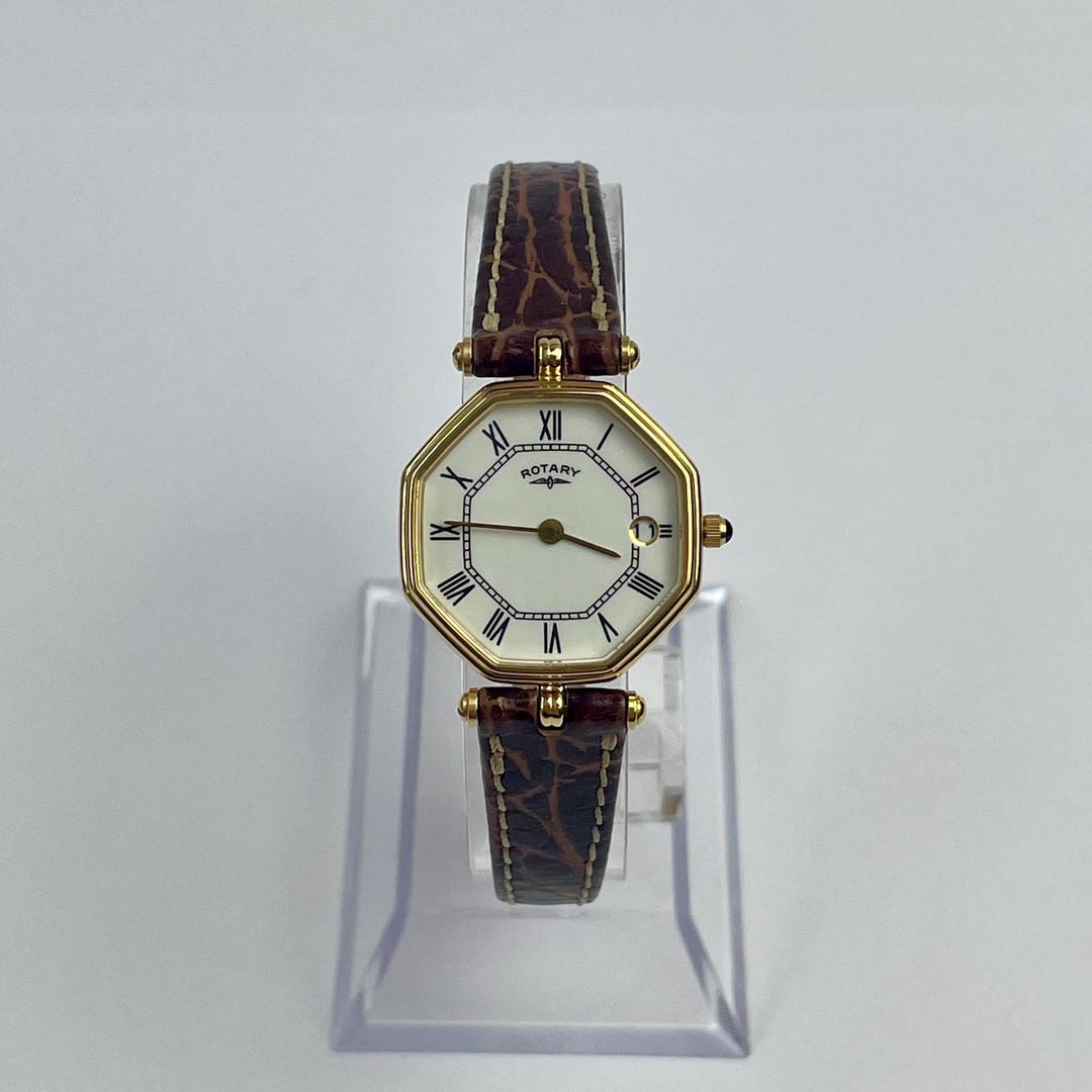 ROTARY Ladies Gold Plated Octagonal Calendar Vintage Style Wristwatch ...