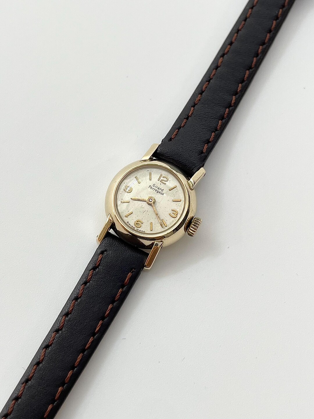 GIRARD PERREGAUX Ladies Vintage Gold Plated Wrist Watch on Brown ...