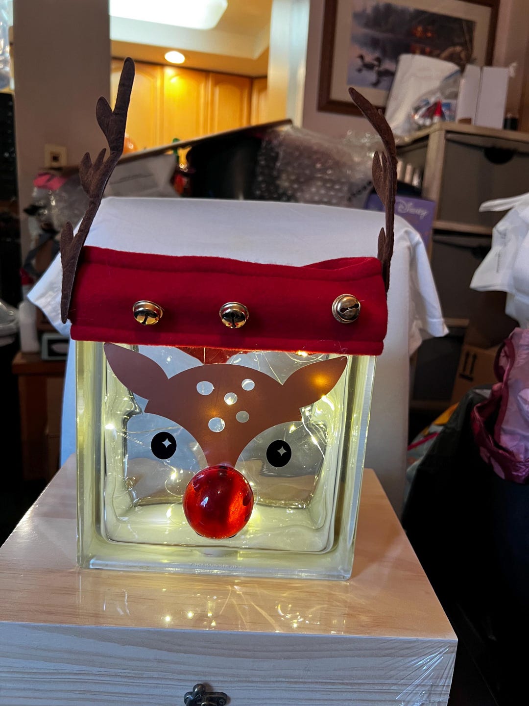 Lighted Glass Box With miss Rudolph the Red Nose Reindeer Design. Red ...