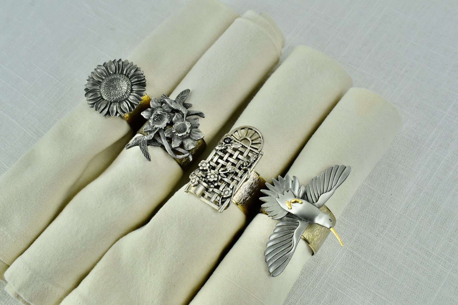 HUMMINGBIRDS in PEWTER Collection.............vintage Brooch Napkin ...