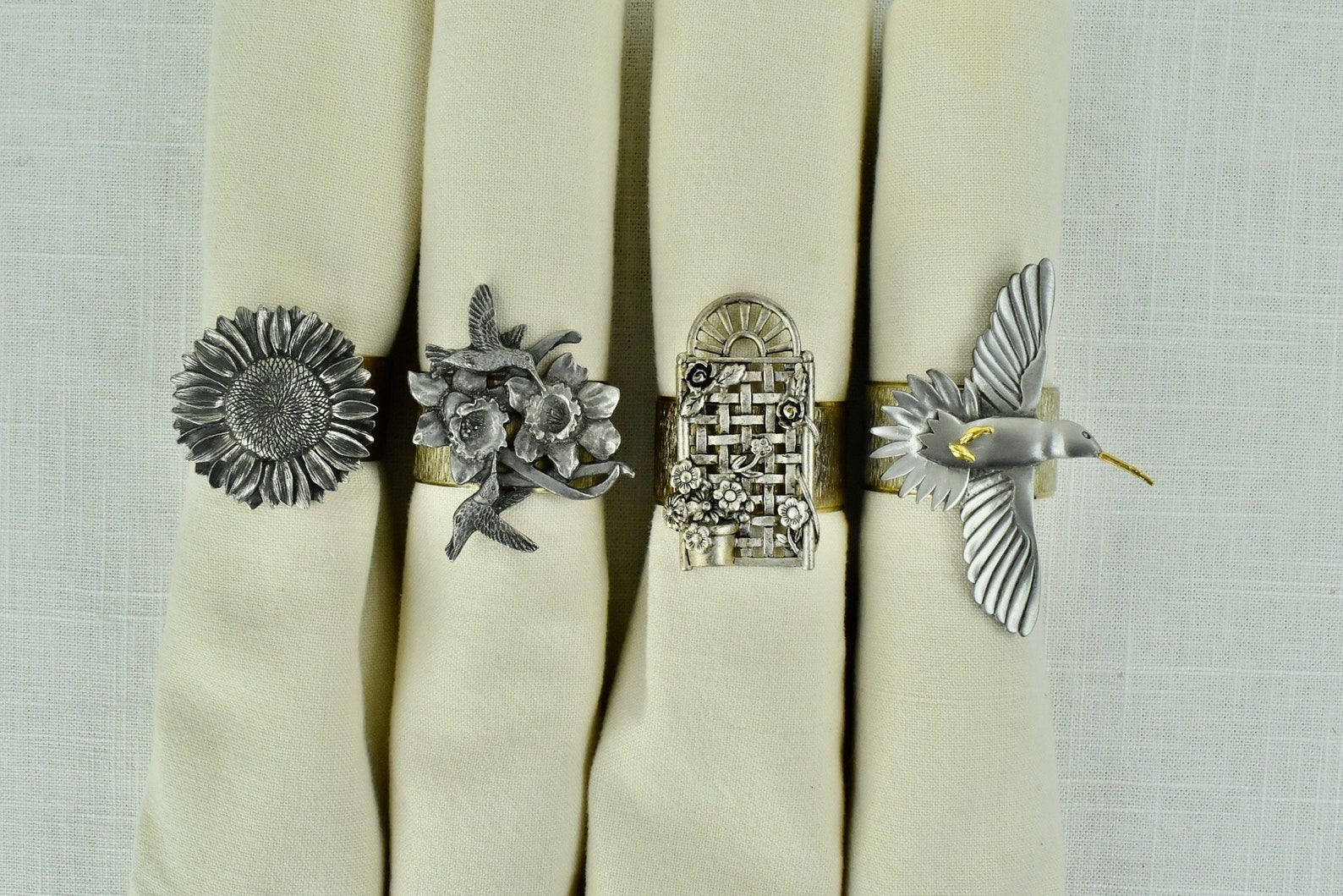 HUMMINGBIRDS in PEWTER Collection.............vintage Brooch Napkin ...