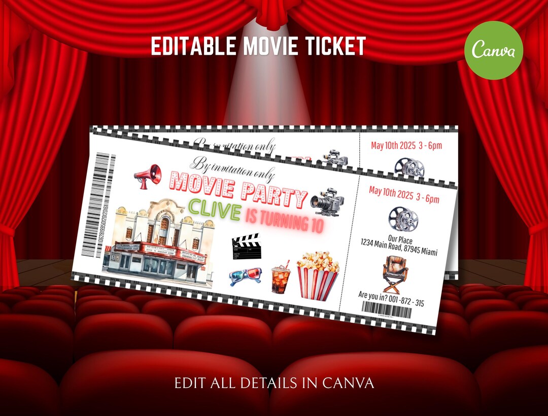 Ticket Movie Birthday Invitation Template, Movie Party Invite, Editable ...