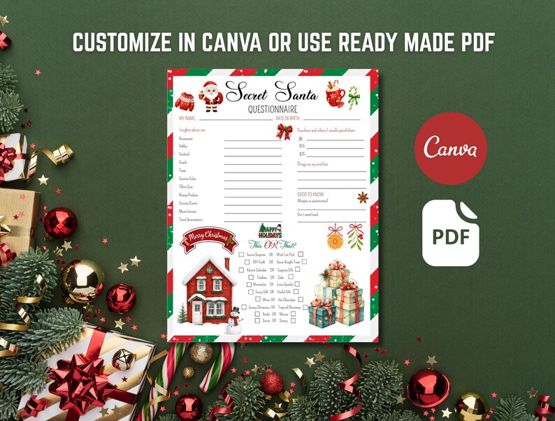 Editable Secret Santa Questionnaire PDF, Secret Sant Form Elf, Secret ...