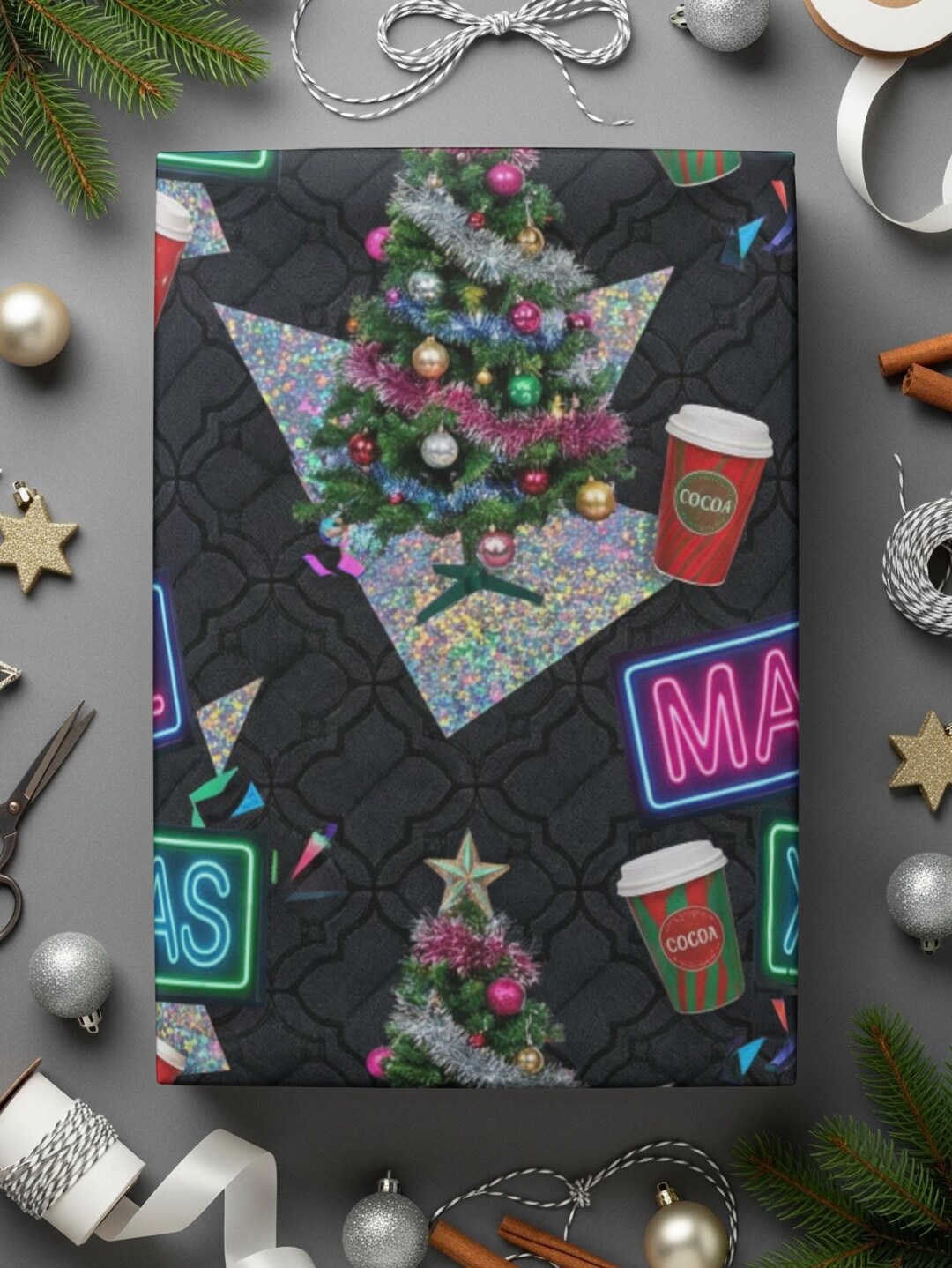 1990s Christmas Wrapping Paper, Retro Xmas Mall Design, Cocoa Coffee ...