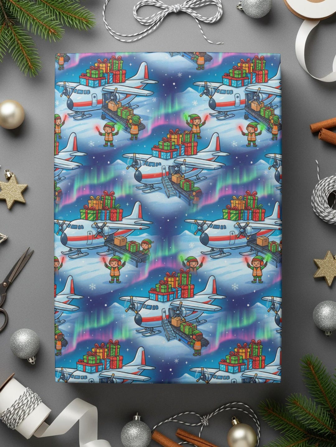 Christmas Elf Airplane Gift, Northern Lights Pattern, Holiday Misc ...