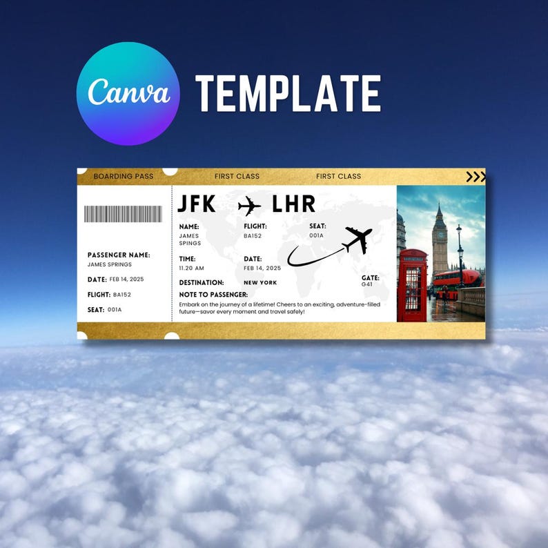 Boarding Pass Canva Template, Editable Airplane Ticket, Custom Boarding ...