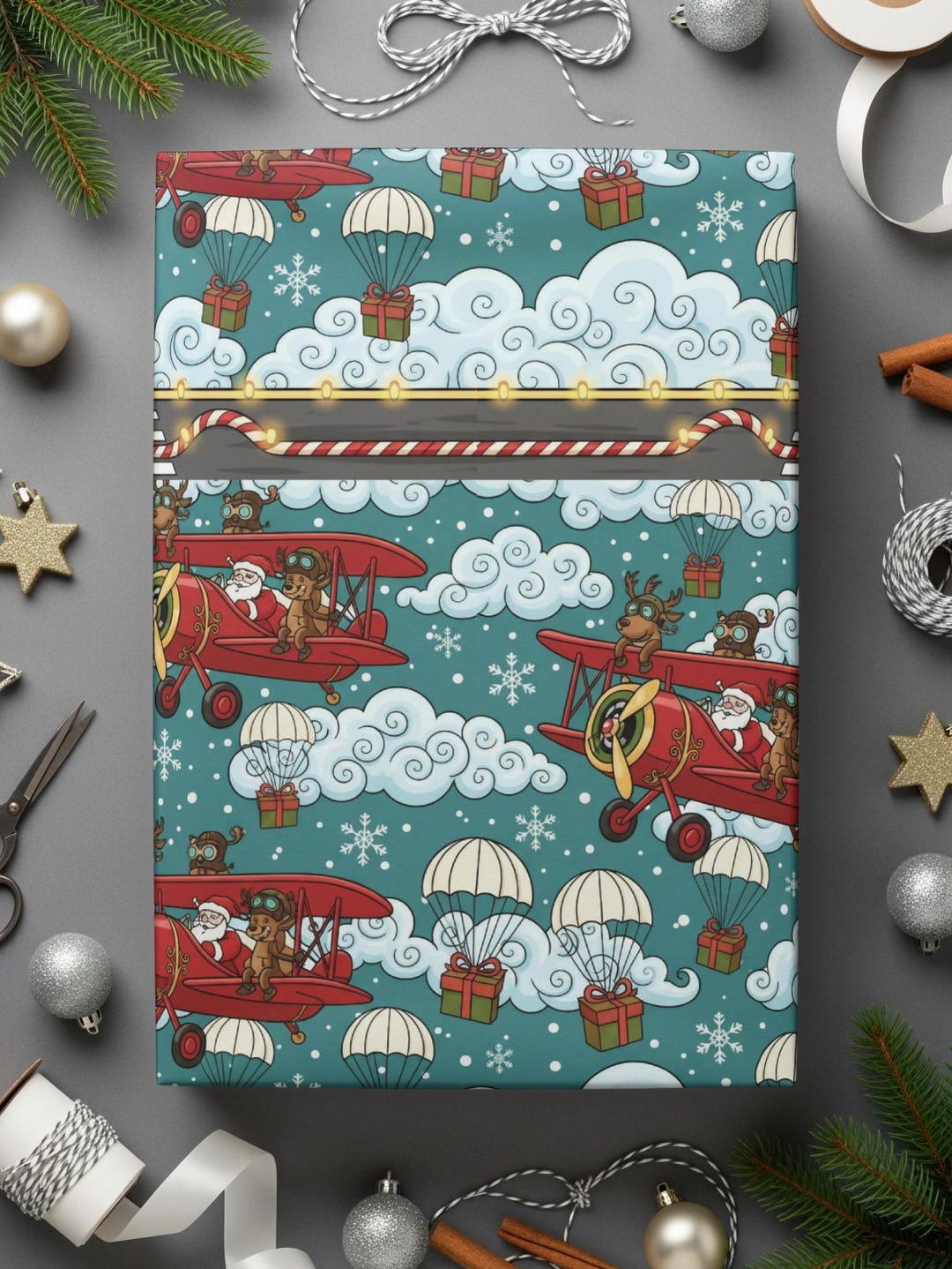 Santa's Flying Airplane Christmas Wrapping Paper, Reindeer Pilot Design ...