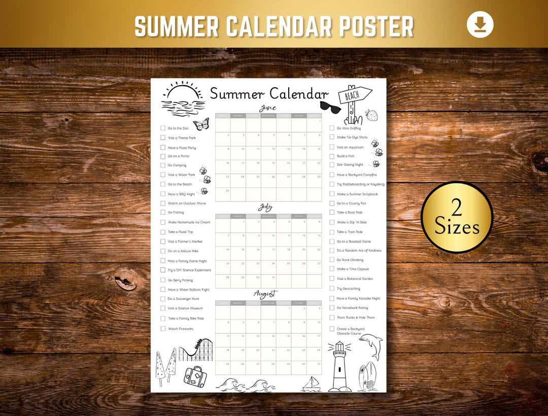 Printable Summer Calendar Poster, Summer Activities Calendar, Bucket ...